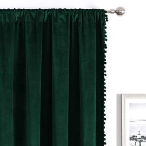 SNITIE Emerald Green 84in Long Pom Pom Velvet Curtains with Rod Pocket Thermal Insulated Soft Privacy Light Filtering Velvet Drapes for Bedroom Living Room, 2 Panels (Emerald Green, 42 x 84In Long)