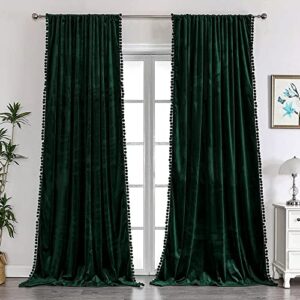 SNITIE Emerald Green 84in Long Pom Pom Velvet Curtains with Rod Pocket Thermal Insulated Soft Privacy Light Filtering Velvet Drapes for Bedroom Living Room, 2 Panels (Emerald Green, 42 x 84In Long)