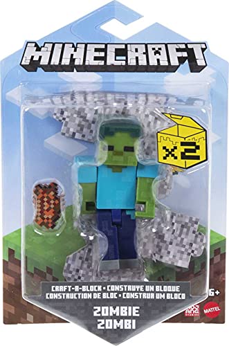 Minecraft Craft-A-Block Zombie Figure, Authentic Pixelated Video-Game Characters, Action Toy to Create, Explore and Survive, Collectible Gift for Fans Age 6 Years and Older