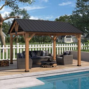 eagle peak 13x11 cedar framed patio gazebo, natrual wood outdoor pavilion cabana with black steel gable hardtop roof, 12x10 frame, black