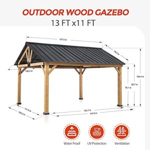 EAGLE PEAK 13x11 Cedar Framed Patio Gazebo, Natrual Wood Outdoor Pavilion Cabana with Black Steel Gable Hardtop Roof, 12x10 Frame, Black