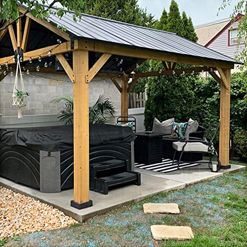 EAGLE PEAK 13x11 Cedar Framed Patio Gazebo, Natrual Wood Outdoor Pavilion Cabana with Black Steel Gable Hardtop Roof, 12x10 Frame, Black