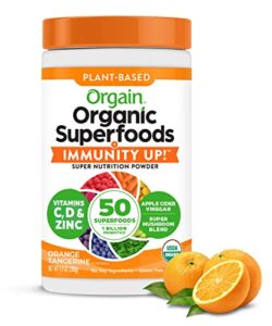 greens powder + superfoods immune support, orgain organic immunity up! powder, orange tangerine - vitamin d, vitamin c, zinc, apple cider vinegar, probiotics, ashwagandha & reishi mushrooms - 0.62lb