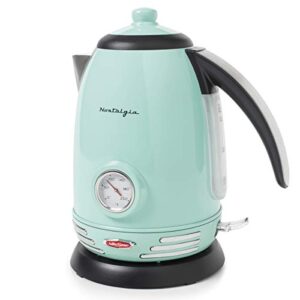 nostalgia retro stainless steel electric tea and water kettle, 1.7 liters, auto-shut off & boil-dry protection, water level indicator window, aqua