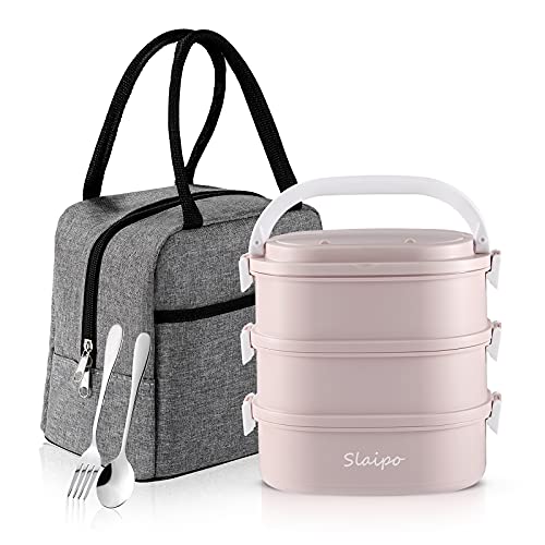 Slaipo Bento Box Adult Lunch Box, Lunch Box for Men Women with Insulated Lunch Bag, Stainless Steel Salad Lunch Containers, Stackable Leakproof Lunch Kit(Pink)