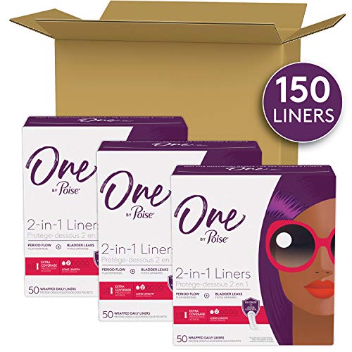 One by Poise Panty Liners (2-in-1 Period & Bladder Leakage Daily Liner), Long, Extra Coverage for Period Flow, Very Light Absorbency for Bladder Leaks, 150 Count (3 Pack of 50)