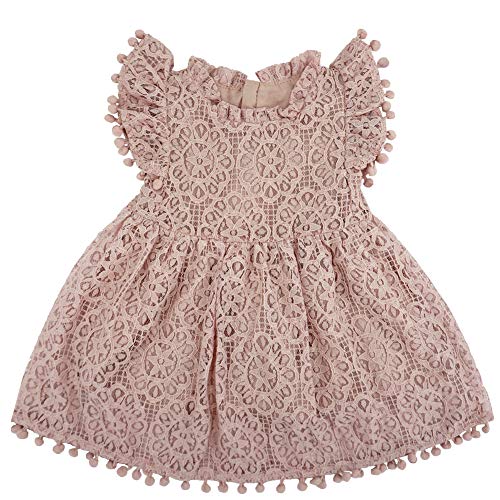 BGFKS Baby Girl Tutu Dress Elegant Lace Pom Pom Flutter Sleeve with Flower Headband Set(Dusty Rose,6 Months)