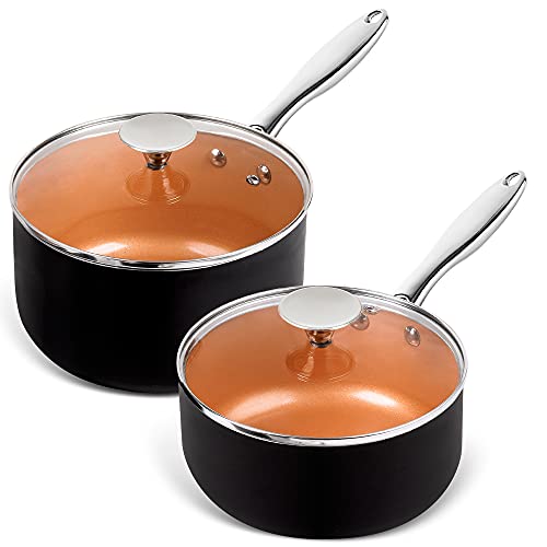 MICHELANGELO Saucepans, 2QT & 3QT Copper Saucepan Set With Non-stick Ceramic Interior For Multipurpose Use, Nonstick Saucepan With Lid, Copper Small Pots 2 Quart & 3 Quart