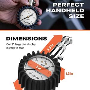 Tire Pressure Gauge - (0-60 PSI) Heavy Duty, Certified ANSI Accurate with Large 2 Inch Easy to Read Glow Dial, Low - High Air Pressure Gauge. Tire Gauge for Car and Trucks Tires by Vondior (White)