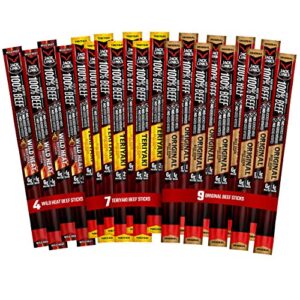 jack link's beef sticks - includes (9) original, (7) teriyaki, (4) wild heat‚ protein snack, no added msg – 0.92 oz. (20 count)