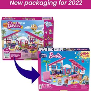 MEGA Barbie Building Toys Playset, Malibu Dream House with 303 Pieces, 2 Micro-Dolls, Accessories and Furniture, 3 Pets