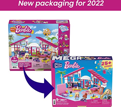 MEGA Barbie Building Toys Playset, Malibu Dream House with 303 Pieces, 2 Micro-Dolls, Accessories and Furniture, 3 Pets