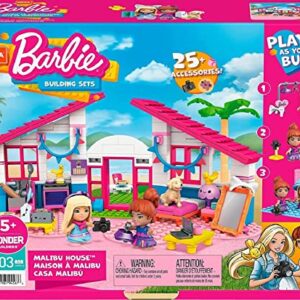 MEGA Barbie Building Toys Playset, Malibu Dream House with 303 Pieces, 2 Micro-Dolls, Accessories and Furniture, 3 Pets