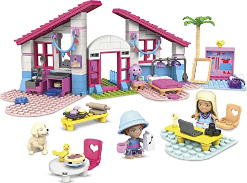 MEGA Barbie Building Toys Playset, Malibu Dream House with 303 Pieces, 2 Micro-Dolls, Accessories and Furniture, 3 Pets