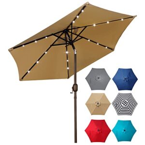 blissun 7.5 ft solar umbrella 18 led lighted patio umbrella table market umbrella with tilt and crank outdoor umbrella for garden, deck, backyard, pool and beach, tan