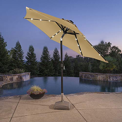 Blissun 7.5 ft Solar Umbrella 18 LED Lighted Patio Umbrella Table Market Umbrella with Tilt and Crank Outdoor Umbrella for Garden, Deck, Backyard, Pool and Beach, Tan