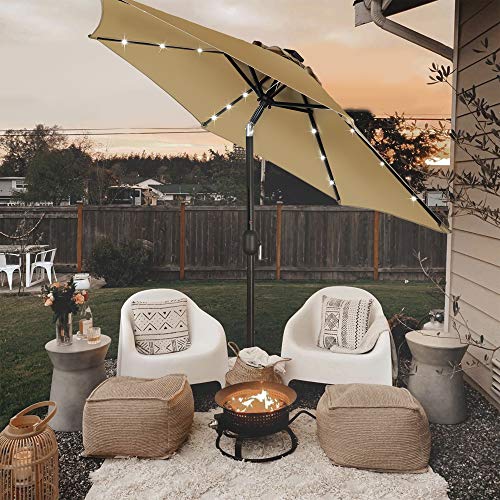 Blissun 7.5 ft Solar Umbrella 18 LED Lighted Patio Umbrella Table Market Umbrella with Tilt and Crank Outdoor Umbrella for Garden, Deck, Backyard, Pool and Beach, Tan