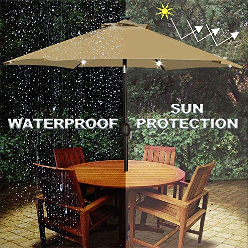 Blissun 7.5 ft Solar Umbrella 18 LED Lighted Patio Umbrella Table Market Umbrella with Tilt and Crank Outdoor Umbrella for Garden, Deck, Backyard, Pool and Beach, Tan