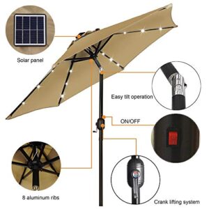 Blissun 7.5 ft Solar Umbrella 18 LED Lighted Patio Umbrella Table Market Umbrella with Tilt and Crank Outdoor Umbrella for Garden, Deck, Backyard, Pool and Beach, Tan