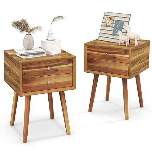 Giantex Nightstand with 2 Drawers Set of 2, Mid Century Modern Bedside Table with Solid Wood Legs, Practical End Side Table for Living Room Bedroom Small Space, Night Stand, Walnut