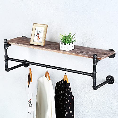 HAOVON Industrial Pipe Clothing Rack Wall Mounted Wood Shelf,Pipe Shelving Floating Shelves,Retail Garment Rack Display Rack Clothes Racks(1 Tier,42in)