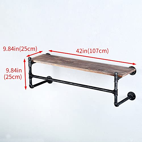 HAOVON Industrial Pipe Clothing Rack Wall Mounted Wood Shelf,Pipe Shelving Floating Shelves,Retail Garment Rack Display Rack Clothes Racks(1 Tier,42in)