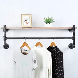 HAOVON Industrial Pipe Clothing Rack Wall Mounted Wood Shelf,Pipe Shelving Floating Shelves,Retail Garment Rack Display Rack Clothes Racks(1 Tier,42in)