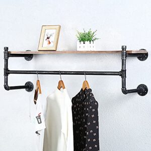 HAOVON Industrial Pipe Clothing Rack Wall Mounted Wood Shelf,Pipe Shelving Floating Shelves,Retail Garment Rack Display Rack Clothes Racks(1 Tier,42in)