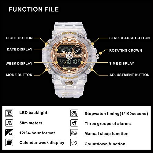 PINDOWS Men Digital Sports Watch, Outdoor Waterproof Military Digital Watch LED Screen Large Face Dual Dial Time and Stopwatch Alarm Wristwatch (Black Gold)