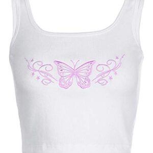 FAIMILORY Women's Basic Summer Embroidered Butterfly Ribbed Crop Tank Tops (ButterflyWhite, M)