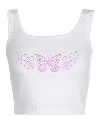 FAIMILORY Women's Basic Summer Embroidered Butterfly Ribbed Crop Tank Tops (ButterflyWhite, M)