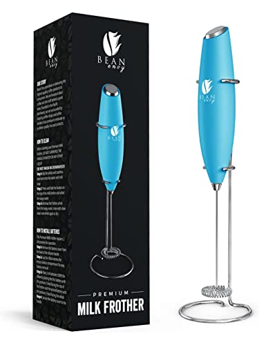 Bean Envy Handheld Milk Frother for Coffee - Electric Hand Blender, Mini Drink Mixer Whisk & Coffee Foamer Wand w/Stand for Lattes, Matcha and Hot Chocolate - Kitchen Gifts - Light Blue