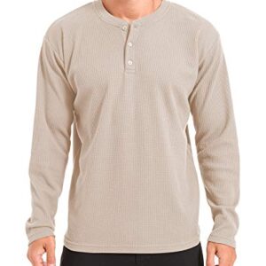 QUALFORT Men's Waffle Henley Shirt Lightweight Long Sleeve Classic Stitch Pullover Sweater Beige Large