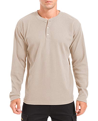 QUALFORT Men's Waffle Henley Shirt Lightweight Long Sleeve Classic Stitch Pullover Sweater Beige Large