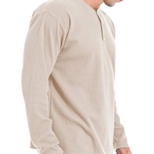 QUALFORT Men's Waffle Henley Shirt Lightweight Long Sleeve Classic Stitch Pullover Sweater Beige Large