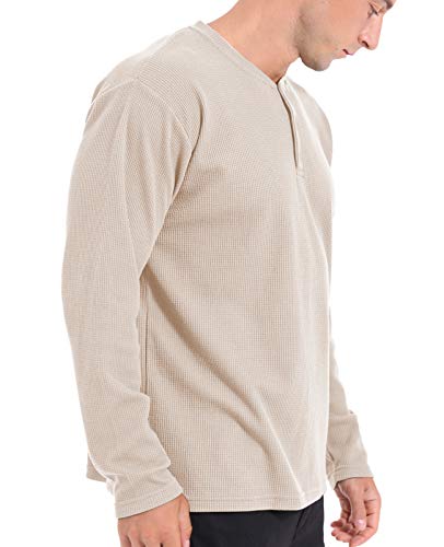 QUALFORT Men's Waffle Henley Shirt Lightweight Long Sleeve Classic Stitch Pullover Sweater Beige Large