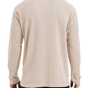 QUALFORT Men's Waffle Henley Shirt Lightweight Long Sleeve Classic Stitch Pullover Sweater Beige Large