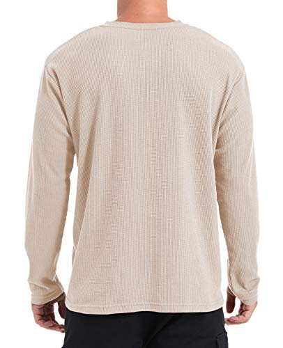 QUALFORT Men's Waffle Henley Shirt Lightweight Long Sleeve Classic Stitch Pullover Sweater Beige Large