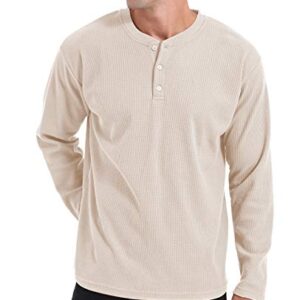 QUALFORT Men's Waffle Henley Shirt Lightweight Long Sleeve Classic Stitch Pullover Sweater Beige Large