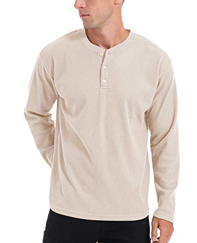 QUALFORT Men's Waffle Henley Shirt Lightweight Long Sleeve Classic Stitch Pullover Sweater Beige Large