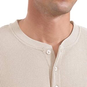 QUALFORT Men's Waffle Henley Shirt Lightweight Long Sleeve Classic Stitch Pullover Sweater Beige Large