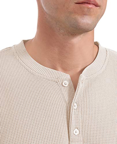 QUALFORT Men's Waffle Henley Shirt Lightweight Long Sleeve Classic Stitch Pullover Sweater Beige Large