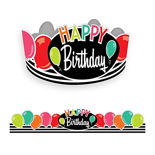 Schoolgirl Style Black, White and Stylish Happy Birthday Crowns—Full-Color, Pre-Cut Crowns for Birthday Celebrations, Festive Classroom Parties (30 pc)