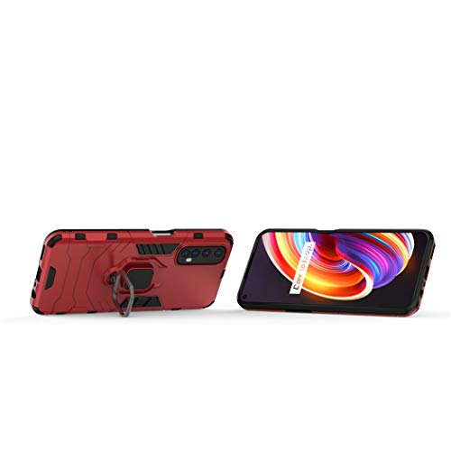 Compatible with Realme7 Case, Metal Ring Grip Kickstand Shockproof Hard Bumper (Works with Magnetic Car Mount) Dual Layer Rugged Cover for Oppo Realme 7 (Red)