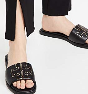 Tory Burch Women's Double T Sport Slides, Perfect Black/Gold, 11 Medium US