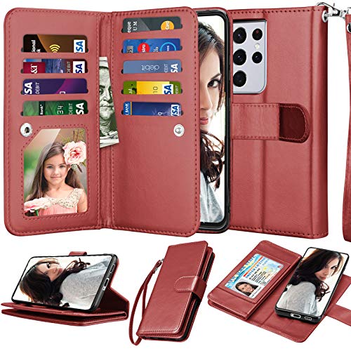 Njjex Wallet Case for Samsung Galaxy S21 Ultra 5G, For Galaxy S21 Ultra Case 6.8", [9 Card Slots] PU Leather ID Credit Holder Folio Flip [Detachable] Kickstand Magnetic Phone Cover & Lanyard -Wine Red