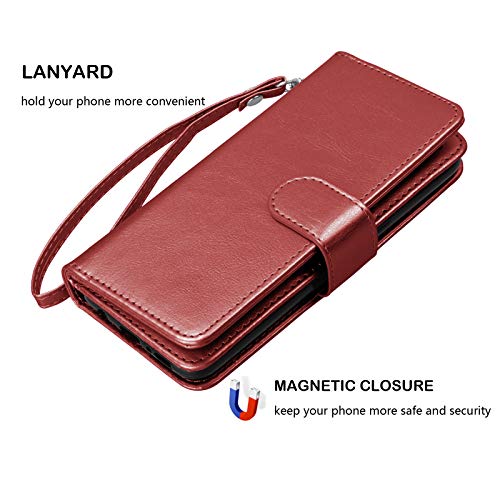 Njjex Wallet Case for Samsung Galaxy S21 Ultra 5G, For Galaxy S21 Ultra Case 6.8", [9 Card Slots] PU Leather ID Credit Holder Folio Flip [Detachable] Kickstand Magnetic Phone Cover & Lanyard -Wine Red