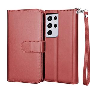 Njjex Wallet Case for Samsung Galaxy S21 Ultra 5G, For Galaxy S21 Ultra Case 6.8", [9 Card Slots] PU Leather ID Credit Holder Folio Flip [Detachable] Kickstand Magnetic Phone Cover & Lanyard -Wine Red