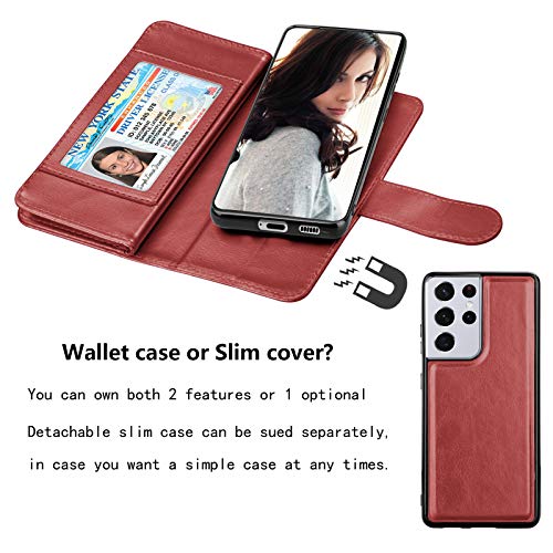 Njjex Wallet Case for Samsung Galaxy S21 Ultra 5G, For Galaxy S21 Ultra Case 6.8", [9 Card Slots] PU Leather ID Credit Holder Folio Flip [Detachable] Kickstand Magnetic Phone Cover & Lanyard -Wine Red