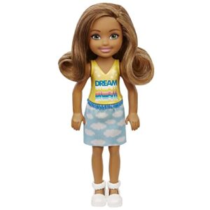 Barbie Chelsea Doll (6-inch Brunette) Wearing Skirt with Cloud Print and White Shoes, Gift for 3 to 7 Year Olds